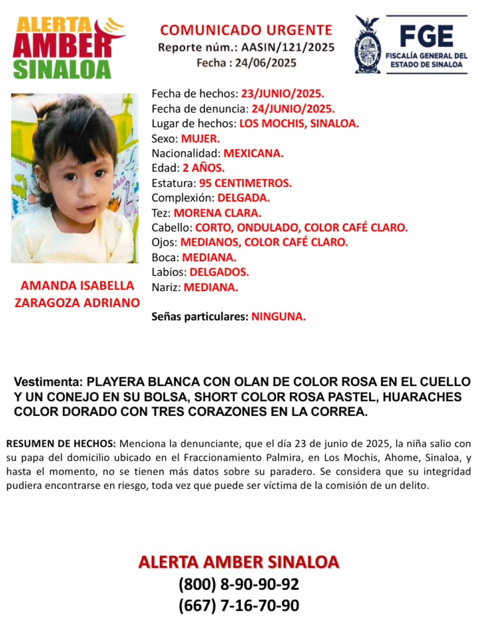 Lanzan Alerta Amber en Sinaloa para localizar a Amanda Isabella, de 2 ...