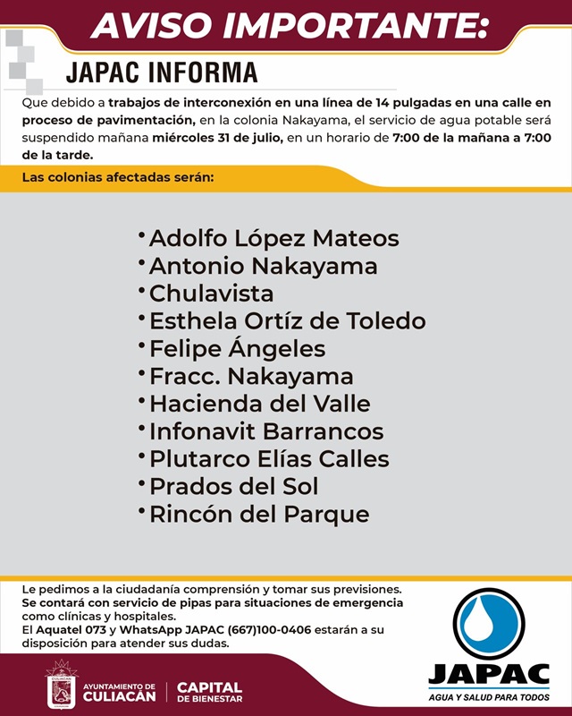Japac suspenderá el servicio de agua potable este miércoles en algunas ...
